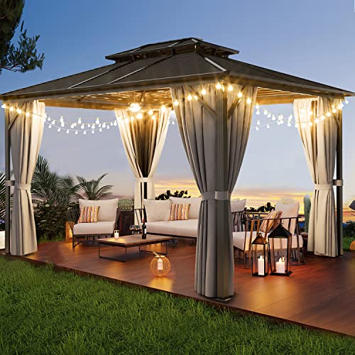 Binplax 10' x 12' Hardtop Metal Gazebo, Double Roof Gazebo with Aluminum Frame, Hardtop Gazebo with a Brown Mosquito Net and Privacy Sidewalls for Garden, Patio