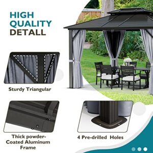 Binplax 10' x 12' Hardtop Metal Gazebo, Double Roof Gazebo with Aluminum Frame, Hardtop Gazebo with a Brown Mosquito Net and Privacy Sidewalls for Garden, Patio