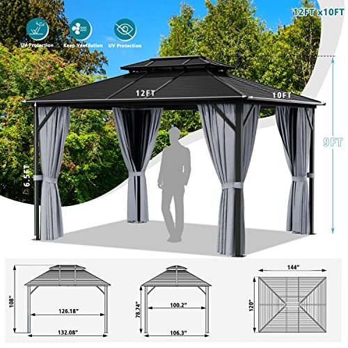 Binplax 10' x 12' Hardtop Metal Gazebo, Double Roof Gazebo with Aluminum Frame, Hardtop Gazebo with a Brown Mosquito Net and Privacy Sidewalls for Garden, Patio