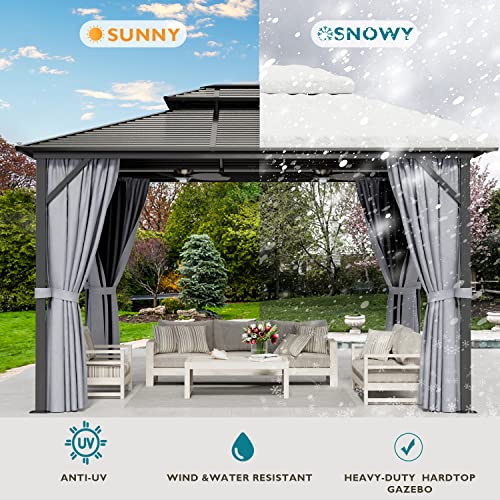 Binplax 10' x 12' Hardtop Metal Gazebo, Double Roof Gazebo with Aluminum Frame, Hardtop Gazebo with a Brown Mosquito Net and Privacy Sidewalls for Garden, Patio