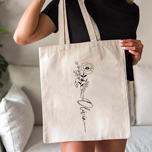 Personalized Birth Flower Canvas Tote Bag, Custom Birth Month, Bachelorette Party, Plant Lover Gifts, Plant Mom Bag, Birthday Gifts For Mom Woman, Gift For Best Friends, Gifts For Her