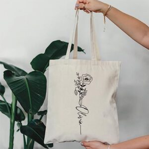 Personalized Birth Flower Canvas Tote Bag, Custom Birth Month, Bachelorette Party, Plant Lover Gifts, Plant Mom Bag, Birthday Gifts For Mom Woman, Gift For Best Friends, Gifts For Her