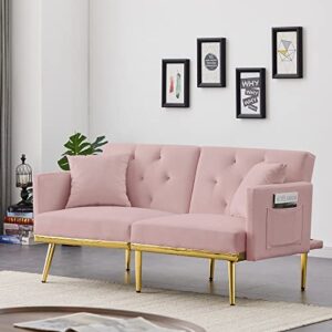 60" convertible velvet futon sofa bed, sleeper sofa couch with 2 pillows and adjustable backrest, modern loveseat with side storage pockets for living room, bedroom (pink)