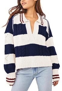 meenew women's baggy loose knit sweater plunge v neck long sleeve fashion loose crop tops dark blue s