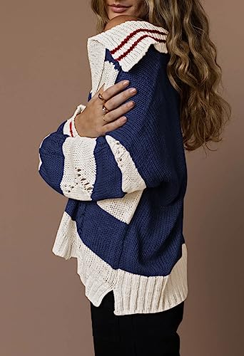 Meenew Women's Baggy Loose Knit Sweater Plunge V Neck Long Sleeve Fashion Loose Crop Tops Dark Blue S