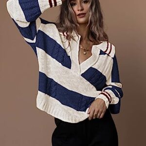 Meenew Women's Baggy Loose Knit Sweater Plunge V Neck Long Sleeve Fashion Loose Crop Tops Dark Blue S