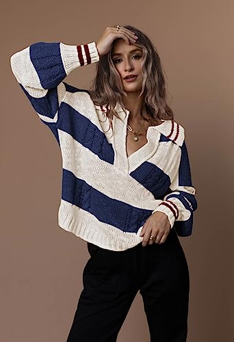 Meenew Women's Baggy Loose Knit Sweater Plunge V Neck Long Sleeve Fashion Loose Crop Tops Dark Blue S