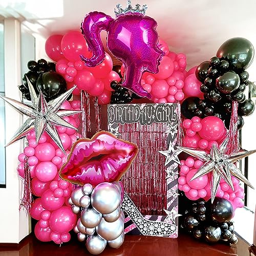 Hot Pink Black Pink Silver Balloon Arch Kit Princess doll Balloon Garland For Black Princess Party Decorations Bachelorette Birthday Adult Supplies Mean Girl Baby Shower Backdrop Prop Decor