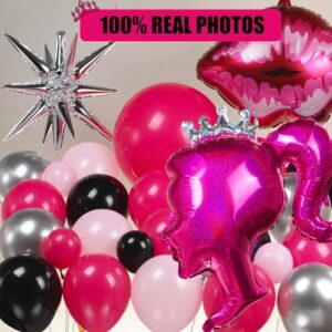 Hot Pink Black Pink Silver Balloon Arch Kit Princess doll Balloon Garland For Black Princess Party Decorations Bachelorette Birthday Adult Supplies Mean Girl Baby Shower Backdrop Prop Decor