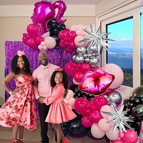 Hot Pink Black Pink Silver Balloon Arch Kit Princess doll Balloon Garland For Black Princess Party Decorations Bachelorette Birthday Adult Supplies Mean Girl Baby Shower Backdrop Prop Decor