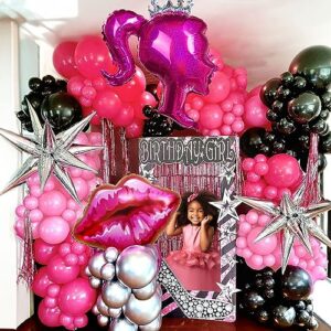 Hot Pink Black Pink Silver Balloon Arch Kit Princess doll Balloon Garland For Black Princess Party Decorations Bachelorette Birthday Adult Supplies Mean Girl Baby Shower Backdrop Prop Decor