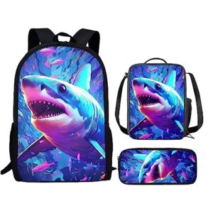 pinup angel purple aqua shark school backpack for middle school boys bookbag with lunch bag and pencil bag, animals schoolbag rucksack preschool back packs shoulder bags for teens women