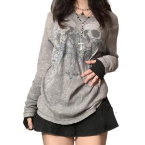 women goth t-shirt y2k harajuku graphic tops fairy shirt for women long sleeve vintage print top streetwear(a- gray 1,s)