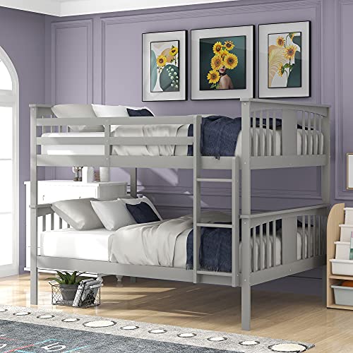 BIADNBZ Full Over Full Bunk Bed with Ladder and Guardrails, Wooden Low Bunkbeds, for Kids Teens Adults Bedroom Guest Room, Gray