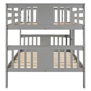 BIADNBZ Full Over Full Bunk Bed with Ladder and Guardrails, Wooden Low Bunkbeds, for Kids Teens Adults Bedroom Guest Room, Gray