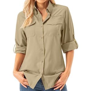 womens upf 50+ uv sun protection safari shirts long sleeve outdoor cool quick dry fishing hiking gardening shirts (5072 khaki l)