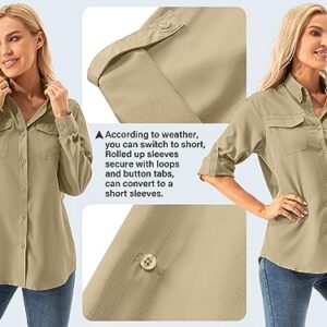 Womens UPF 50+ UV Sun Protection Safari Shirts Long Sleeve Outdoor Cool Quick Dry Fishing Hiking Gardening Shirts (5072 Khaki L)