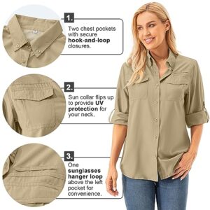 Womens UPF 50+ UV Sun Protection Safari Shirts Long Sleeve Outdoor Cool Quick Dry Fishing Hiking Gardening Shirts (5072 Khaki L)