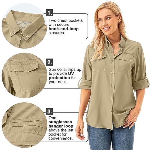 Womens UPF 50+ UV Sun Protection Safari Shirts Long Sleeve Outdoor Cool Quick Dry Fishing Hiking Gardening Shirts (5072 Khaki L)