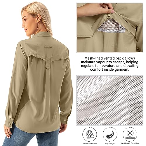 Womens UPF 50+ UV Sun Protection Safari Shirts Long Sleeve Outdoor Cool Quick Dry Fishing Hiking Gardening Shirts (5072 Khaki L)