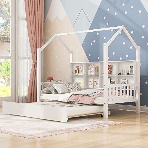 MERITLINE Twin House Bed with Trundle and Storage Shelves for Kids Wood Playhouse Bed Frame Montessori Daybed for Girls Boys Teens, White