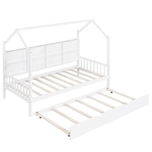 MERITLINE Twin House Bed with Trundle and Storage Shelves for Kids Wood Playhouse Bed Frame Montessori Daybed for Girls Boys Teens, White