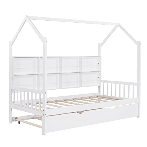 MERITLINE Twin House Bed with Trundle and Storage Shelves for Kids Wood Playhouse Bed Frame Montessori Daybed for Girls Boys Teens, White