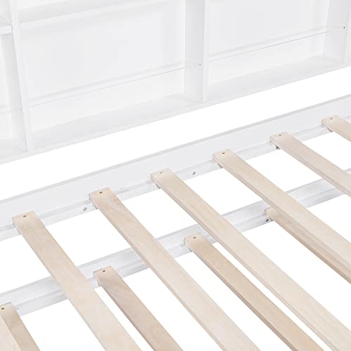 MERITLINE Twin House Bed with Trundle and Storage Shelves for Kids Wood Playhouse Bed Frame Montessori Daybed for Girls Boys Teens, White