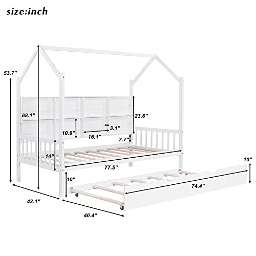 MERITLINE Twin House Bed with Trundle and Storage Shelves for Kids Wood Playhouse Bed Frame Montessori Daybed for Girls Boys Teens, White