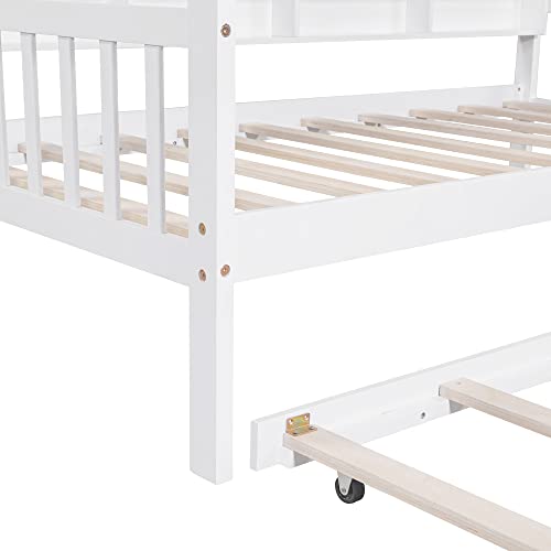 MERITLINE Twin House Bed with Trundle and Storage Shelves for Kids Wood Playhouse Bed Frame Montessori Daybed for Girls Boys Teens, White