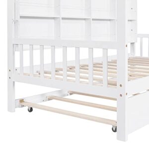 MERITLINE Twin House Bed with Trundle and Storage Shelves for Kids Wood Playhouse Bed Frame Montessori Daybed for Girls Boys Teens, White