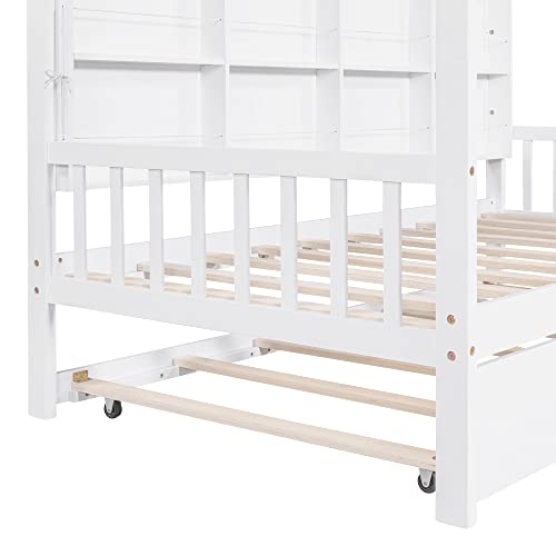 MERITLINE Twin House Bed with Trundle and Storage Shelves for Kids Wood Playhouse Bed Frame Montessori Daybed for Girls Boys Teens, White