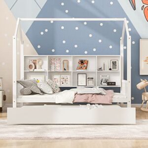 MERITLINE Twin House Bed with Trundle and Storage Shelves for Kids Wood Playhouse Bed Frame Montessori Daybed for Girls Boys Teens, White