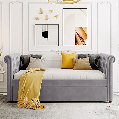 LCH Twin Size Daybed, Upholstered Daybed with Trundle, Wood Daybed Twin Size, Sofa Bed for Bedroom,Livingroom, Wood Slat Support Day Bed Frame,Easy Assembly,No Box Spring Needed,Grey