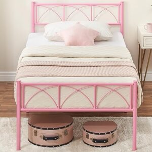 GAOMON Modern Stylish Iron Bed Frame with Headborad & Footboard,Firm Support Structure, Metal Platform Bed Frame, No Box Spring Needed, Under Bed Storage, Simple Assembly(Pink,Twin)