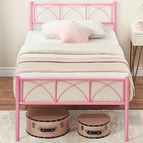 GAOMON Modern Stylish Iron Bed Frame with Headborad & Footboard,Firm Support Structure, Metal Platform Bed Frame, No Box Spring Needed, Under Bed Storage, Simple Assembly(Pink,Twin)