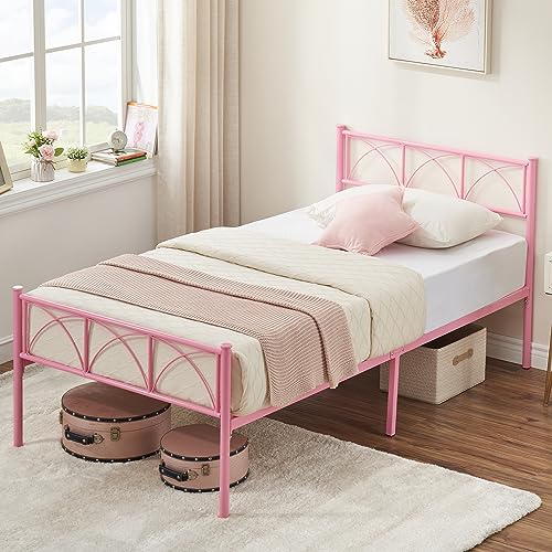 GAOMON Modern Stylish Iron Bed Frame with Headborad & Footboard,Firm Support Structure, Metal Platform Bed Frame, No Box Spring Needed, Under Bed Storage, Simple Assembly(Pink,Twin)