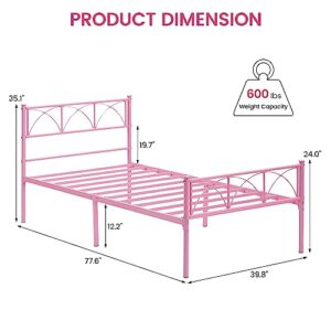 GAOMON Modern Stylish Iron Bed Frame with Headborad & Footboard,Firm Support Structure, Metal Platform Bed Frame, No Box Spring Needed, Under Bed Storage, Simple Assembly(Pink,Twin)