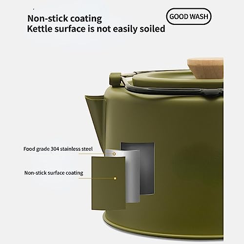 INKFUL Camping Kettle Camping Tea Kettle Coffee Kettle Large Outdoor Hiking Kettle 1L Outdoor Cookware Food Grade 304 Stainless Steel + Non-stick Coating Portable Kettle (green)