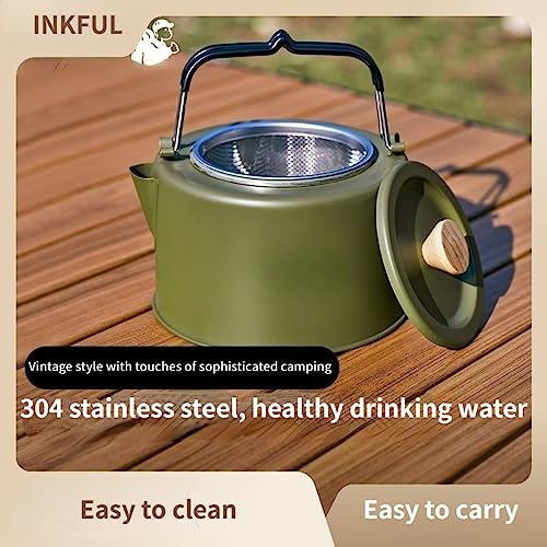 INKFUL Camping Kettle Camping Tea Kettle Coffee Kettle Large Outdoor Hiking Kettle 1L Outdoor Cookware Food Grade 304 Stainless Steel + Non-stick Coating Portable Kettle (green)