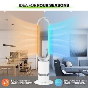 Magshion 31-Inch Oscillating Quiet Bladeless Tower Fan with Remote Control for Home Bedroom Cooling Warm Modes White