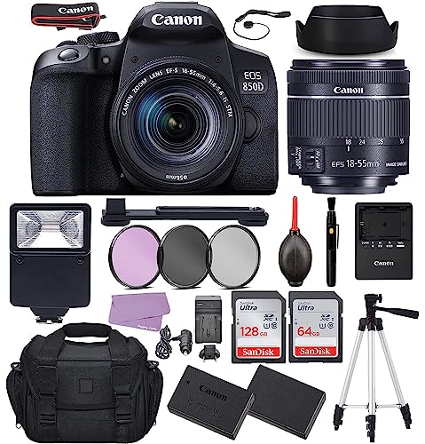 Canon EOS 850D (T8i) DSLR Camera EF-S 18-55mm f/4-5.6 is STM Lens Bundle, Starter Kit with (Gadget Bag, Digital Slave Flash, 192Gb Memory, 50" Tripod and More) (Renewed)