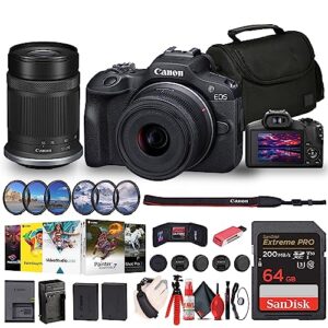 canon eos r100 mirrorless camera with 18-45mm and 55-210mm lenses kit (6052c022) + filter kit + corel photo software + bag + 64gb card + lpe17 battery + charger + flex tripod + more (renewed)