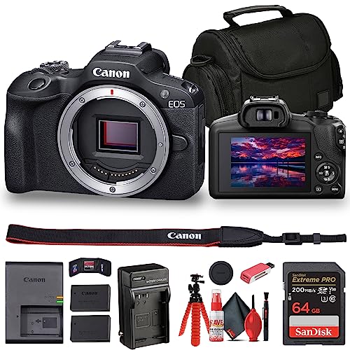 Canon EOS R100 Mirrorless Camera (6052C002) + Bag + 64GB Card + LPE17 Battery + Charger + Card Reader + Flex Tripod + Cleaning Kit + Memory Wallet (Renewed)