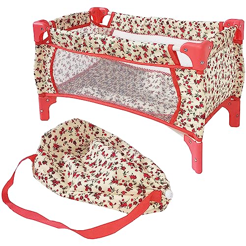 Baby Doll Crib Set for Little Girls, Play Crib Baby Doll Bed, Baby Doll Pack and Play Baby Doll Beds for 18 inch Dolls, Toy Baby Crib for Dolls, Toy Crib for Baby Doll, (Floral)