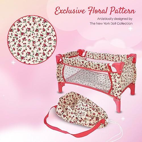 Baby Doll Crib Set for Little Girls, Play Crib Baby Doll Bed, Baby Doll Pack and Play Baby Doll Beds for 18 inch Dolls, Toy Baby Crib for Dolls, Toy Crib for Baby Doll, (Floral)