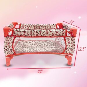 Baby Doll Crib Set for Little Girls, Play Crib Baby Doll Bed, Baby Doll Pack and Play Baby Doll Beds for 18 inch Dolls, Toy Baby Crib for Dolls, Toy Crib for Baby Doll, (Floral)