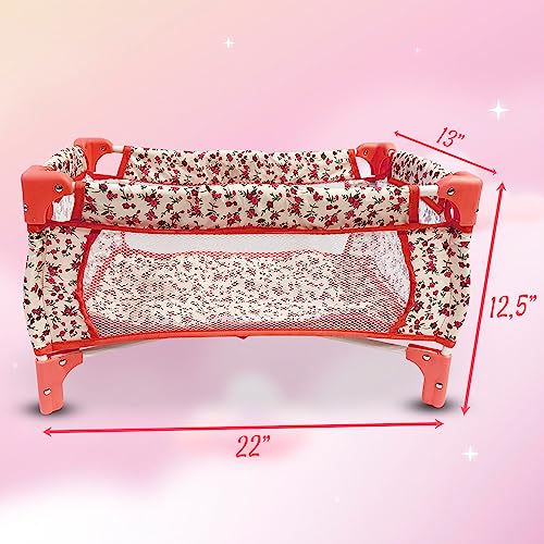 Baby Doll Crib Set for Little Girls, Play Crib Baby Doll Bed, Baby Doll Pack and Play Baby Doll Beds for 18 inch Dolls, Toy Baby Crib for Dolls, Toy Crib for Baby Doll, (Floral)