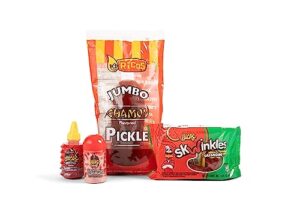 fountain city fulfillment chamoy pickle kit - deluxe chamoy pickle set with ricos & warhead pickle, lucas swinkles salsaghetti mexican candy strings, chamoy powder & sauce, lucas gusano & lucas muecas (1 chamoy pickle kit)