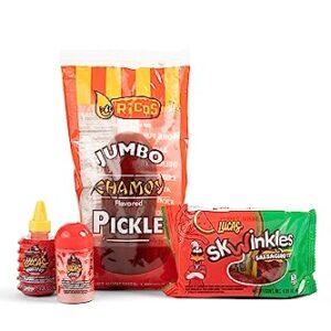 Fountain City Fulfillment Chamoy Pickle Kit - Deluxe Chamoy Pickle Set with Ricos & Warhead Pickle, Lucas Swinkles Salsaghetti Mexican Candy Strings, Chamoy Powder & Sauce, Lucas Gusano & Lucas Muecas (1 Chamoy Pickle Kit)